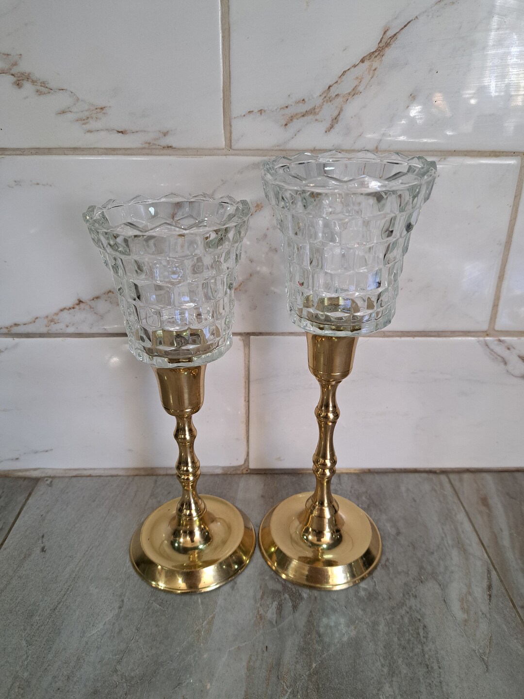 Vintage Clear Geometric Block Shape Glass Votive Candle Holders With ...