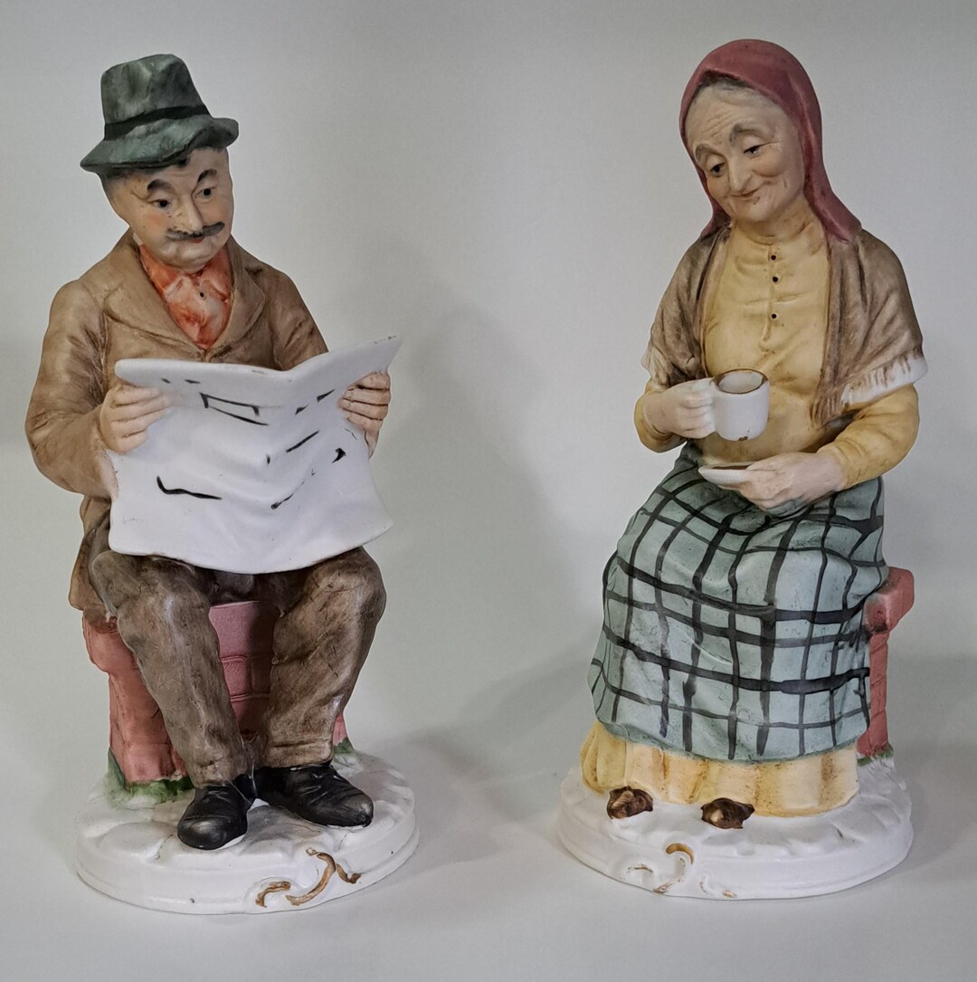 Vintage Old Couple Collectable Figurines Man With Newspaper Woman With ...