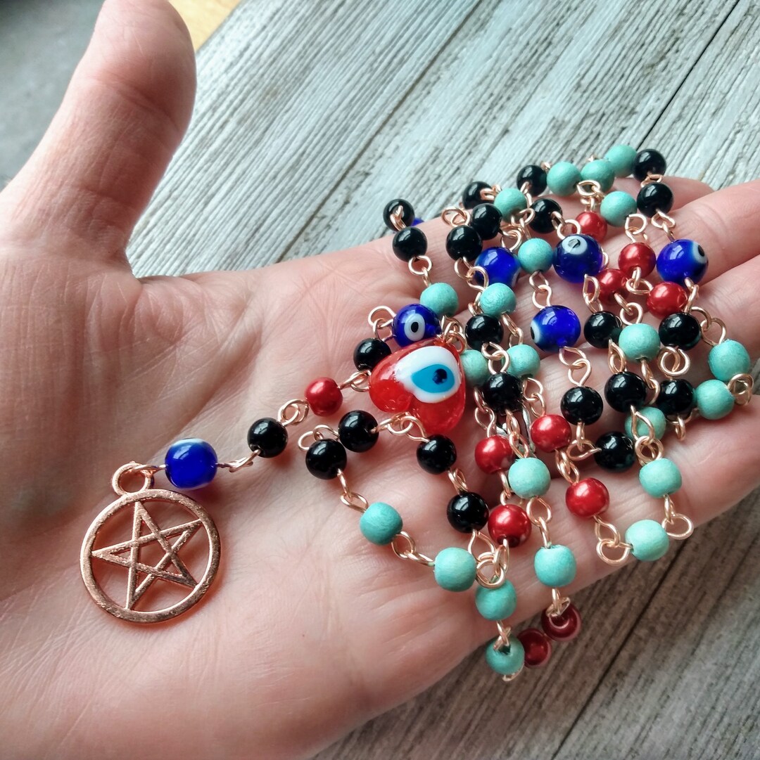 Evil Eye Rosary With Rose Gold Pentacle, Red Glass Nazar Heart, Black ...
