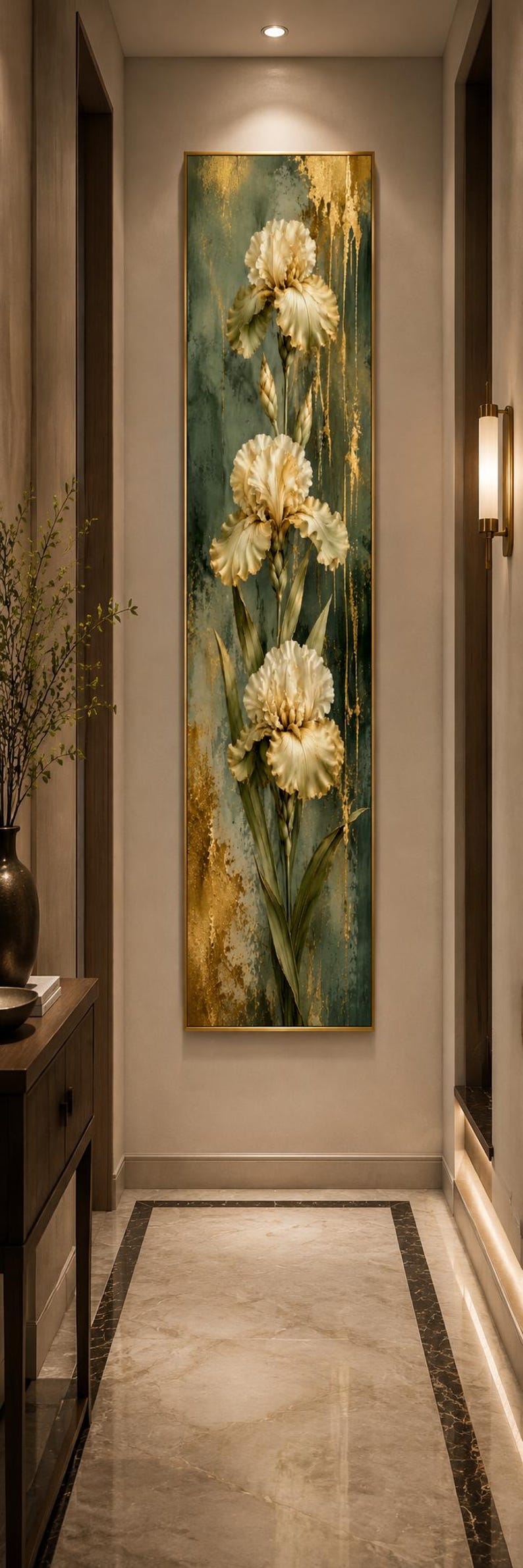 Golden Iris Vertical Art | Narrow Botanical Staircase Artwork (digital ...