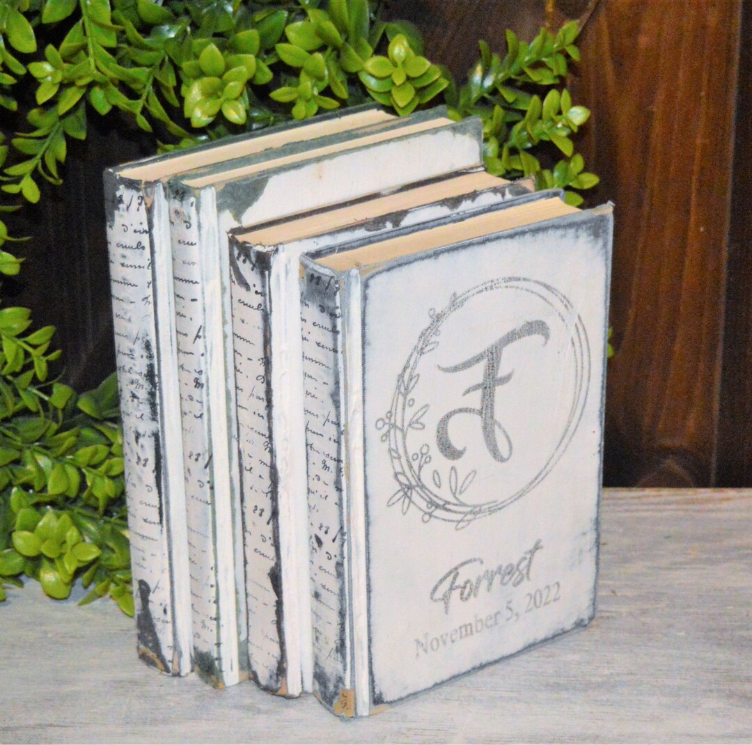 Monogram Book Stack, Personalized Farmhouse Decor, Neutral Vintage ...