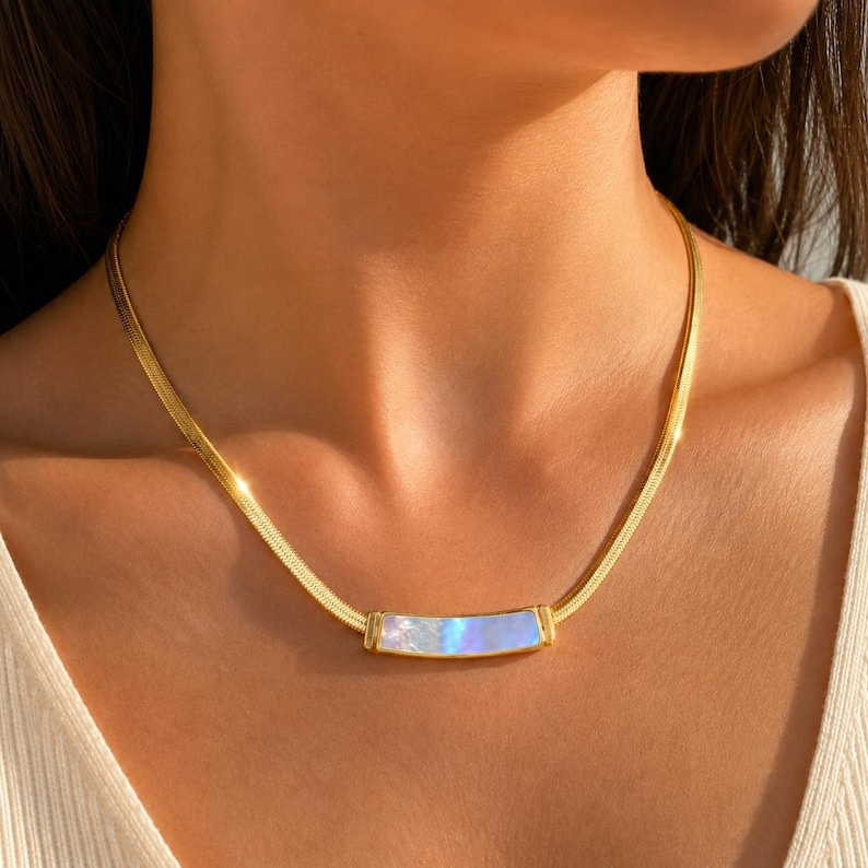 Mother of Pearl Bar Necklace | Gold Herringbone Snake Chain, 18K PVD ...