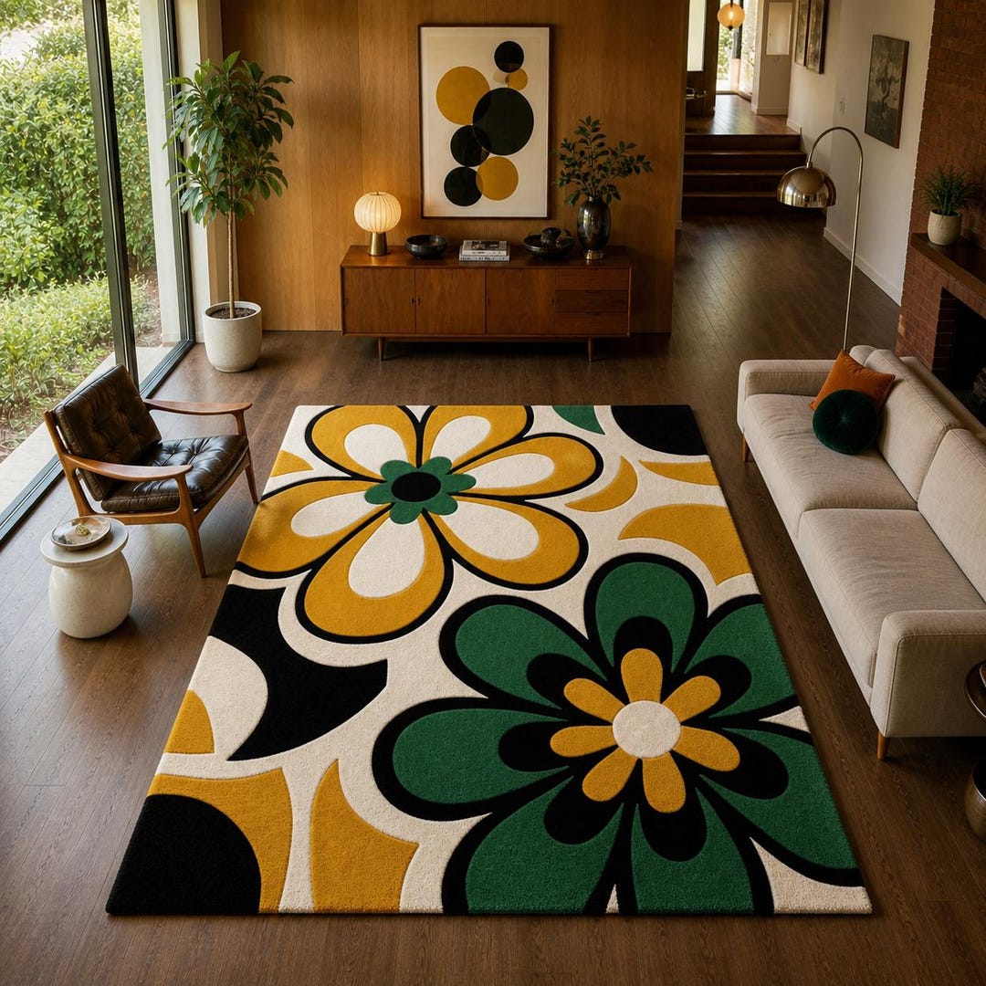 Retro Groovy Floral Area Rug | Hand Tufted Wool | Mustard Green Black ...