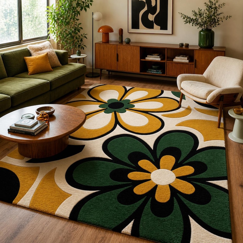 Retro Groovy Floral Area Rug | Hand Tufted Wool | Mustard Green Black ...
