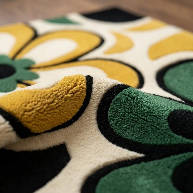 Retro Groovy Floral Area Rug | Hand Tufted Wool | Mustard Green Black ...