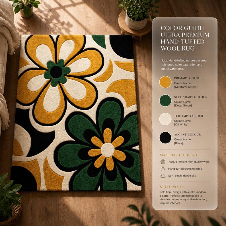 Retro Groovy Floral Area Rug | Hand Tufted Wool | Mustard Green Black ...