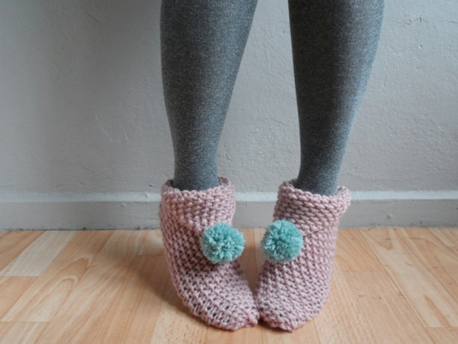 Knit Slippers, Women Slippers, Knit Slippers With Pompom, Pink Slippers ...