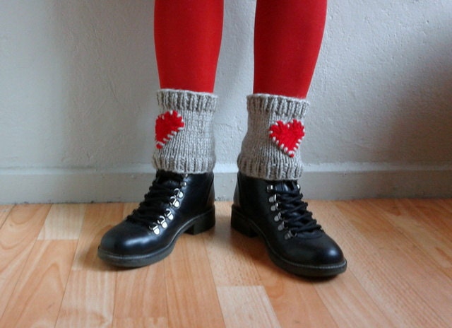 Heart Knit Boot Cuffs Stone Beige Red Knit Boot Cuffs Love - Etsy