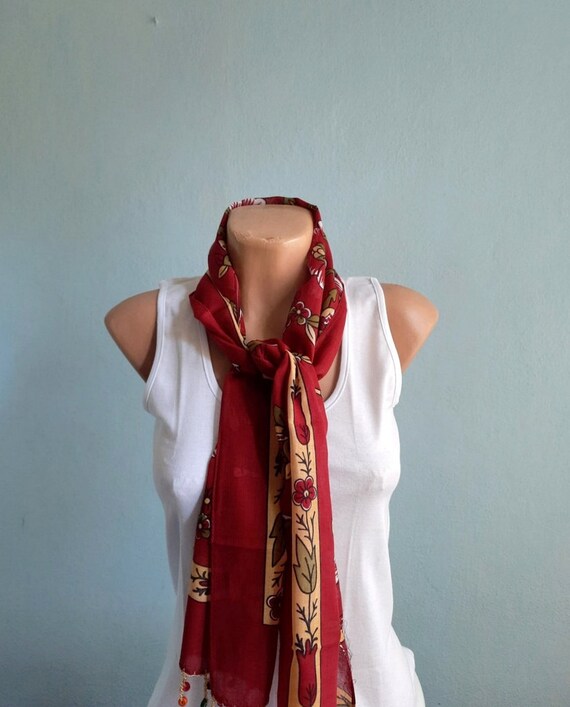 Burgundy Scarf Lighweight Yemeni Scarf Cotton Scarf Floral Print Scarf in Brick Red Green Beige