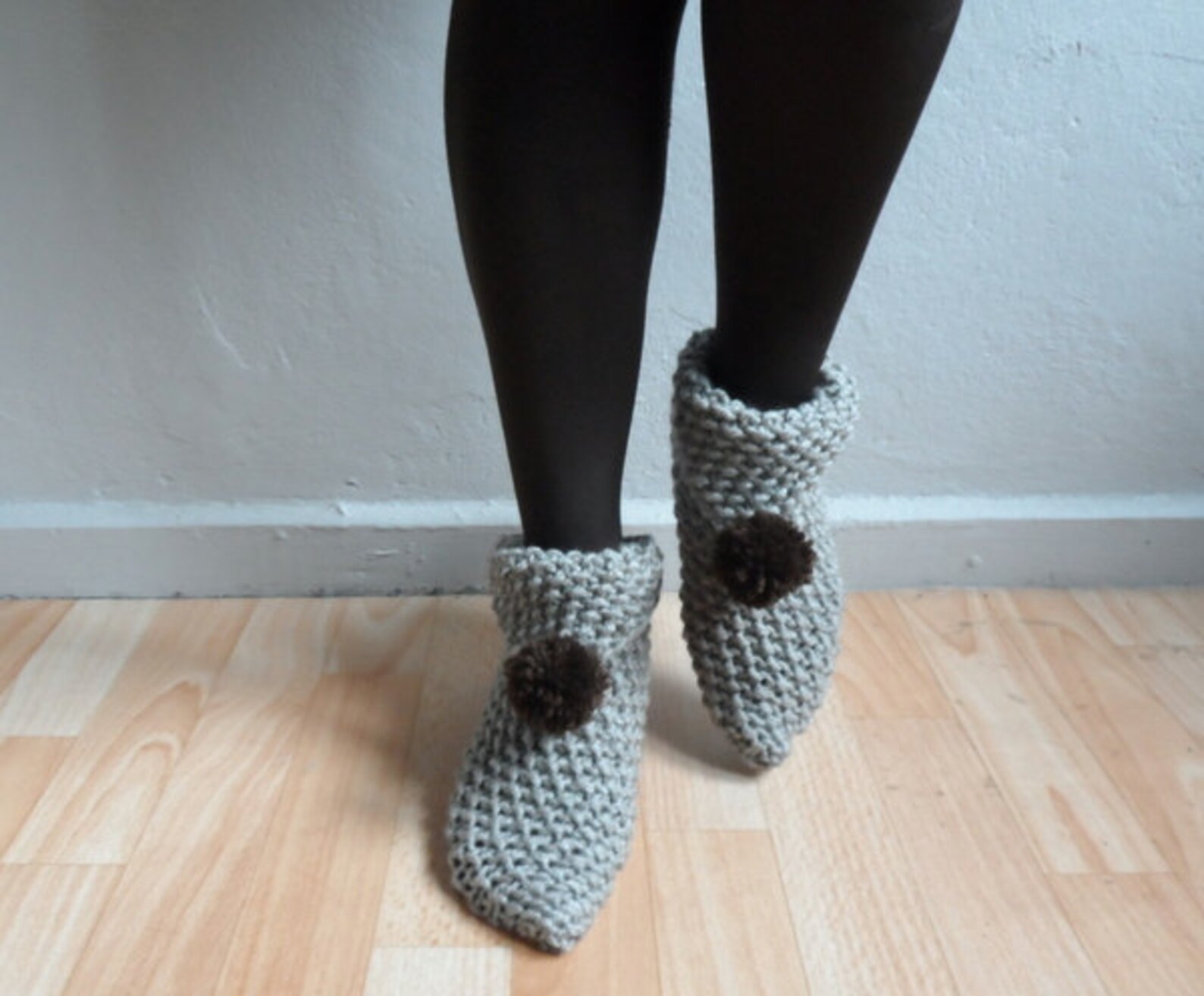 Women Slippers, Stone Beige Knit Slippers With Pompoms, House Shoes ...