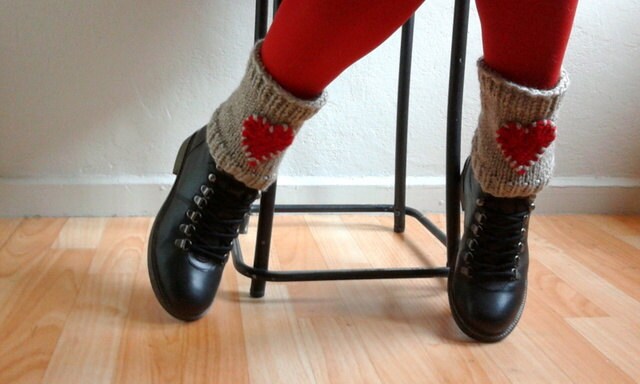 Heart Knit Boot Cuffs, Stone Beige Red Knit Boot Cuffs, Love Heart ...
