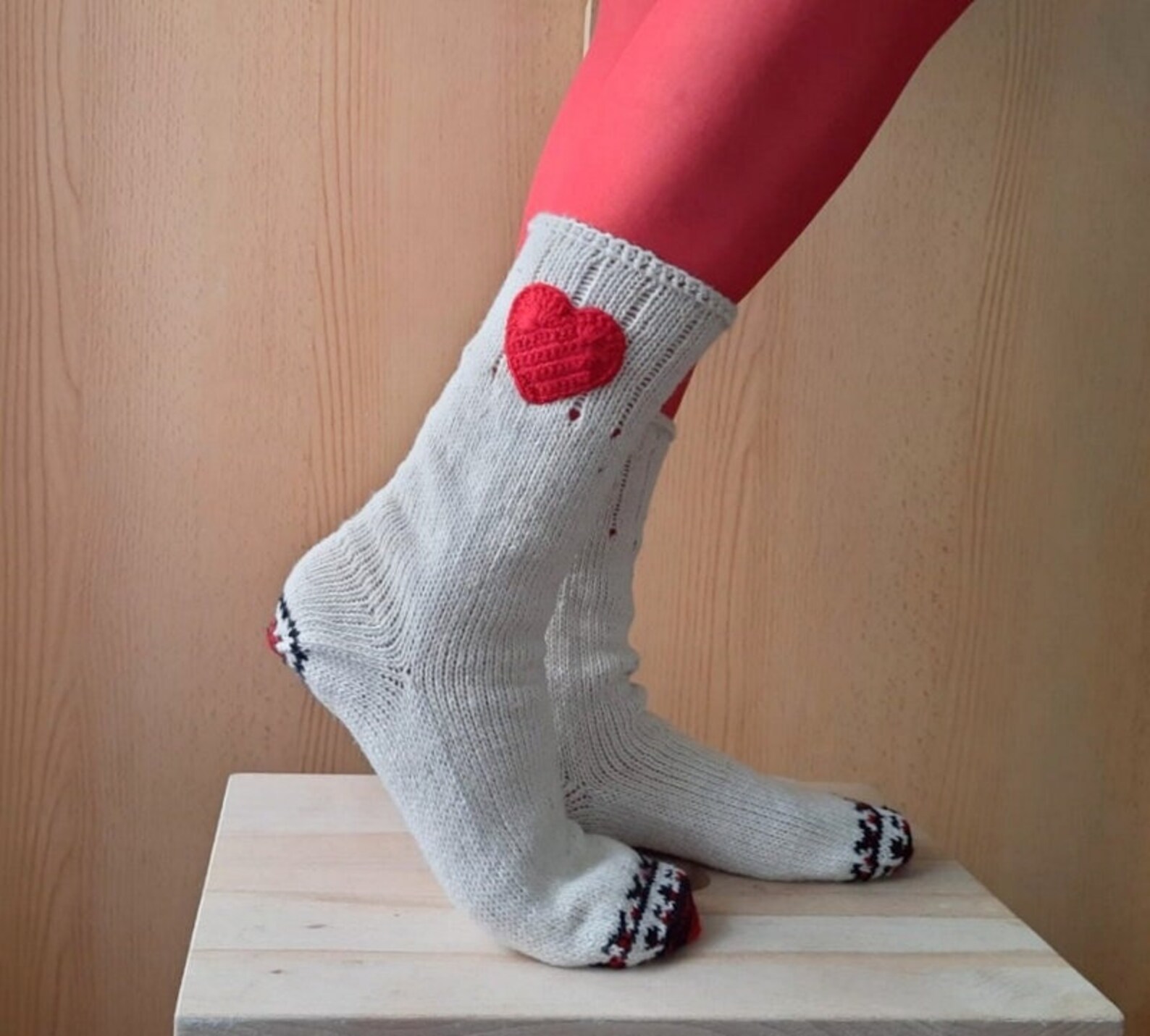 Cream Wool Socks Heart Socks Knit Wool Socks Valentines - Etsy