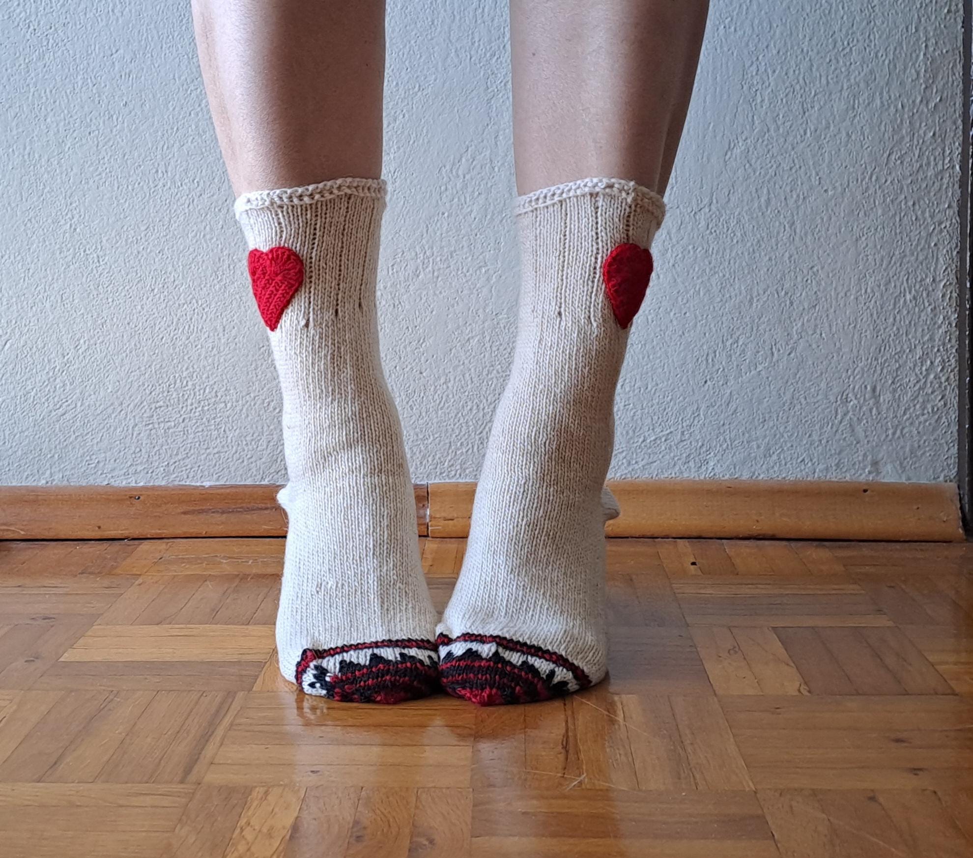 Cream Wool Socks, Heart Socks, Knit Wool Socks, Valentines Socks ...