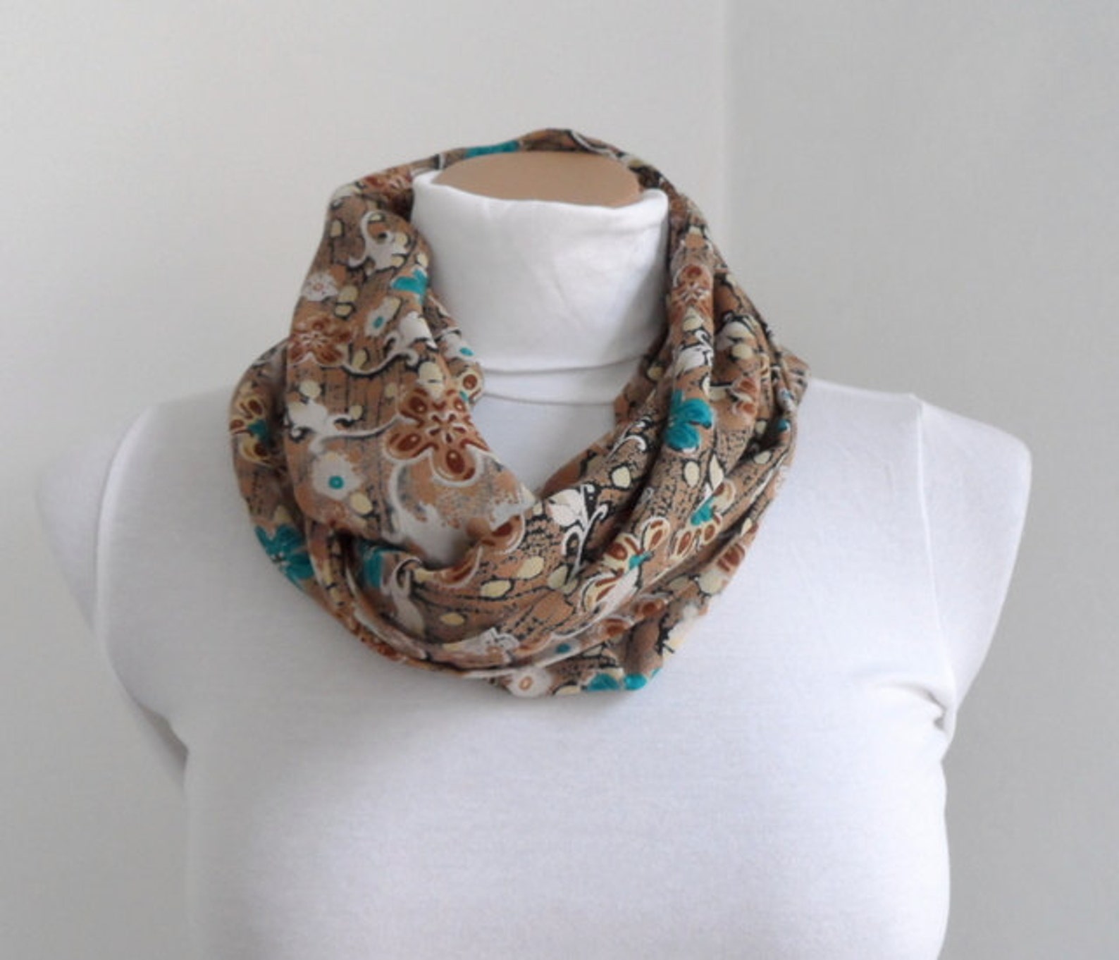 Floral Loop Scarf, Cirle Scarf, Loop Scarf, Brown Scarf, Floral ...