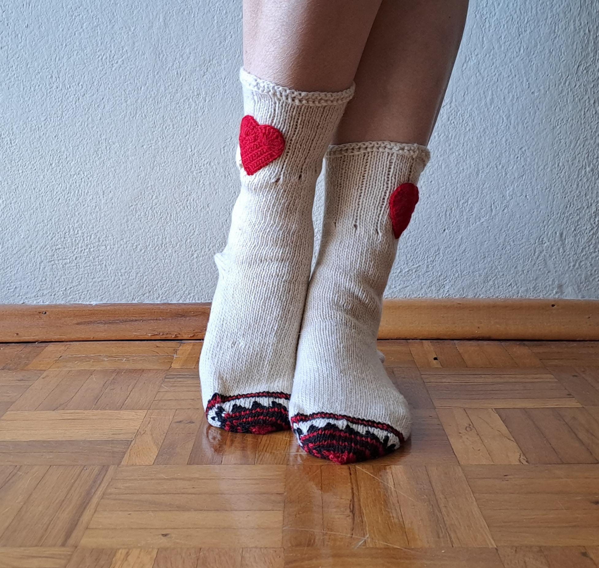 Cream Wool Socks, Heart Socks, Knit Wool Socks, Valentines Socks ...
