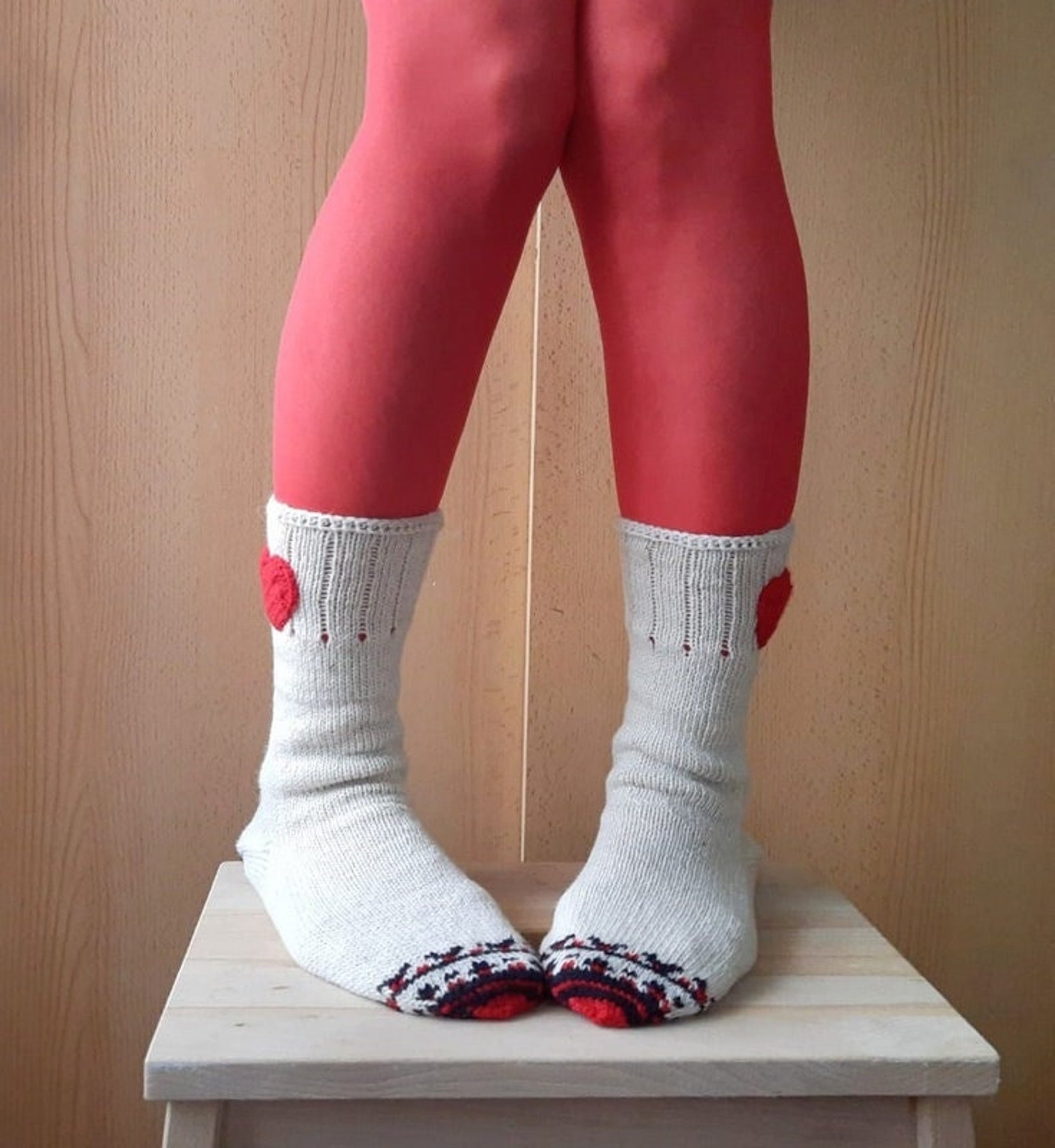 Cream Wool Socks Heart Socks Knit Wool Socks Valentines | Etsy