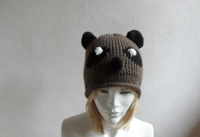 Panda Hat With Pompoms, Brown Hat, Unisex Hat, Panda Beanie, Winter ...