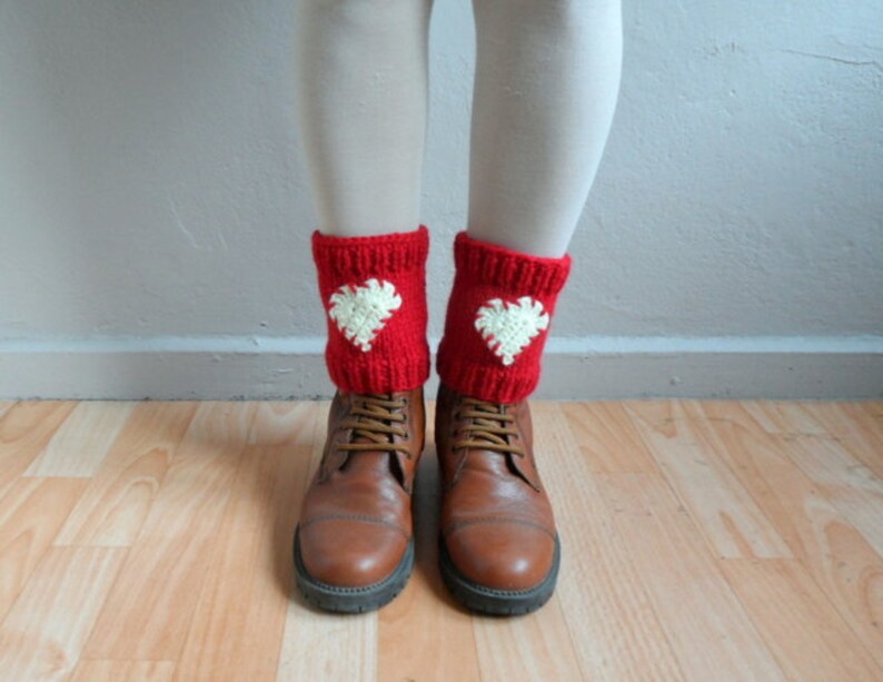 Knit Boot Cuffs Heart Legwarmers Red Boot Cuffs Heart Knit - Etsy