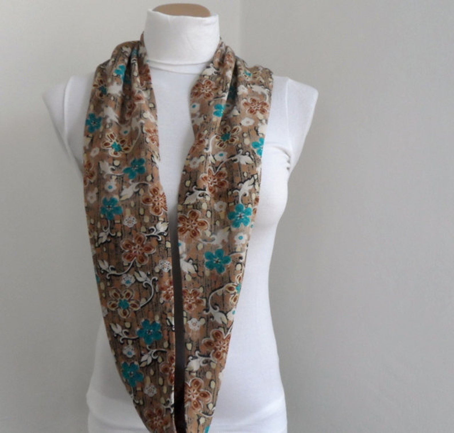 Floral Loop Scarf, Cirle Scarf, Loop Scarf, Brown Scarf, Floral ...
