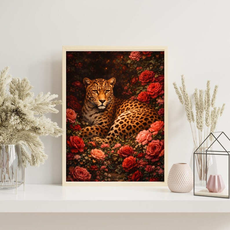 Maximalist Leopard Floral Art Print, Dark Romantic Wildlife Wall Decor ...