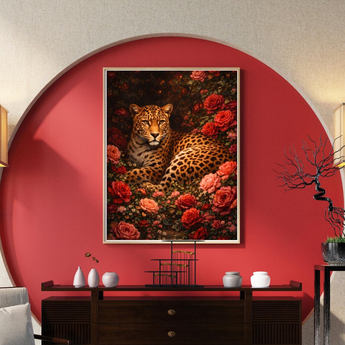 Maximalist Leopard Floral Art Print, Dark Romantic Wildlife Wall Decor ...