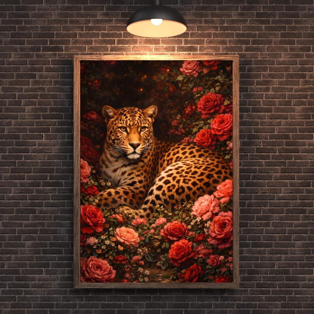 Maximalist Leopard Floral Art Print, Dark Romantic Wildlife Wall Decor ...