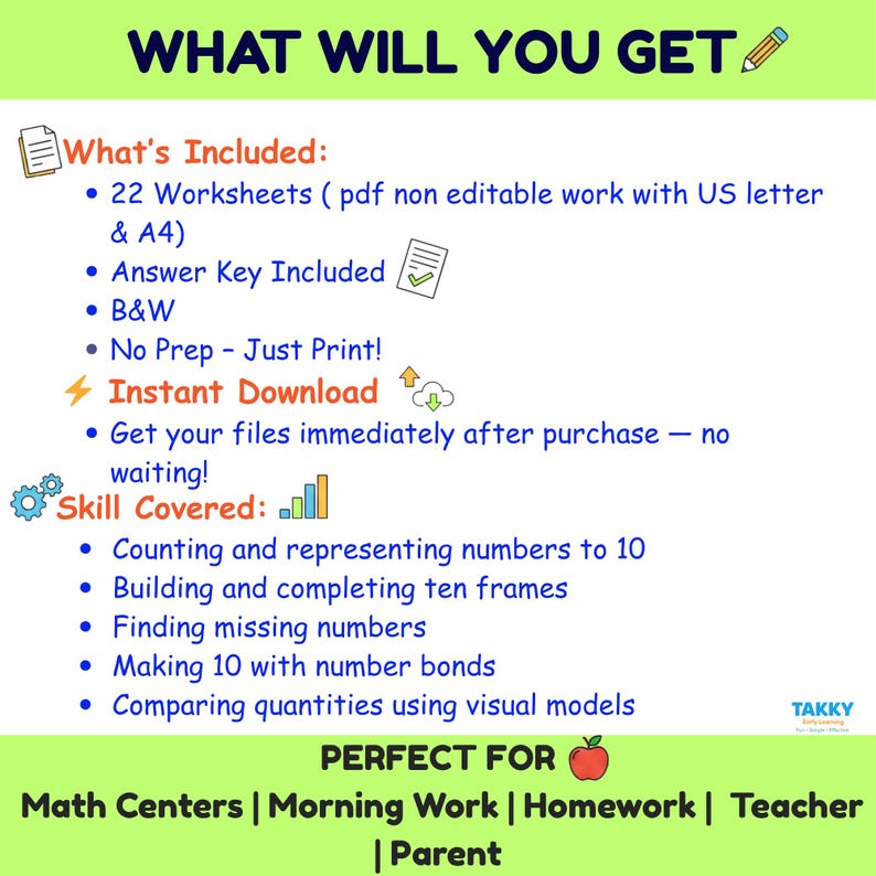 Kindergarten Ten Frames Math Worksheets | Counting to 10, Make 10 (PDF ...
