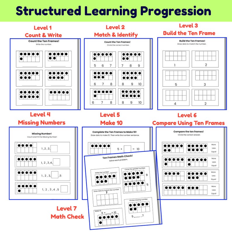 Kindergarten Ten Frames Math Worksheets | Counting to 10, Make 10 (PDF ...