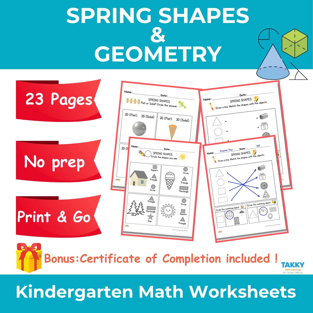 Kindergarten Spring Shapes Geometry Worksheets | 2D 3D Math PDF - Etsy ...