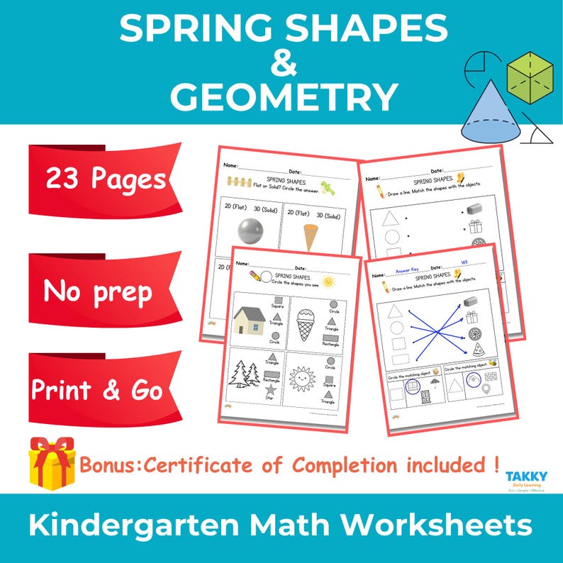Kindergarten Spring Shapes Geometry Worksheets | 2D 3D Math PDF - Etsy