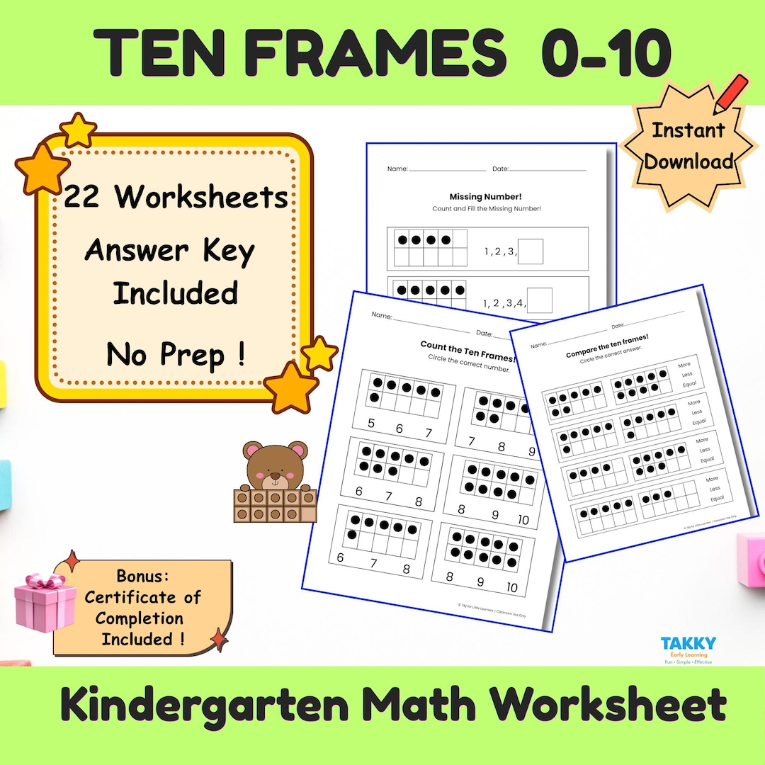 Kindergarten Ten Frames Math Worksheets | Counting to 10, Make 10 (PDF ...