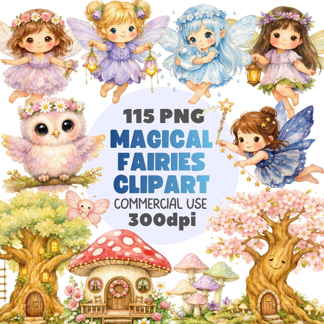 Magical Garden Fairies Clipart Bundle, Watercolor Fantasy Illustrations ...