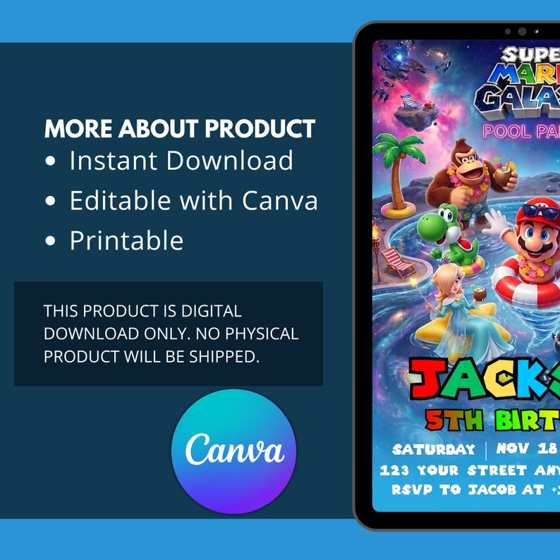Super Mario Galaxy Pool Party Invitation, Outer Space Party Invite ...