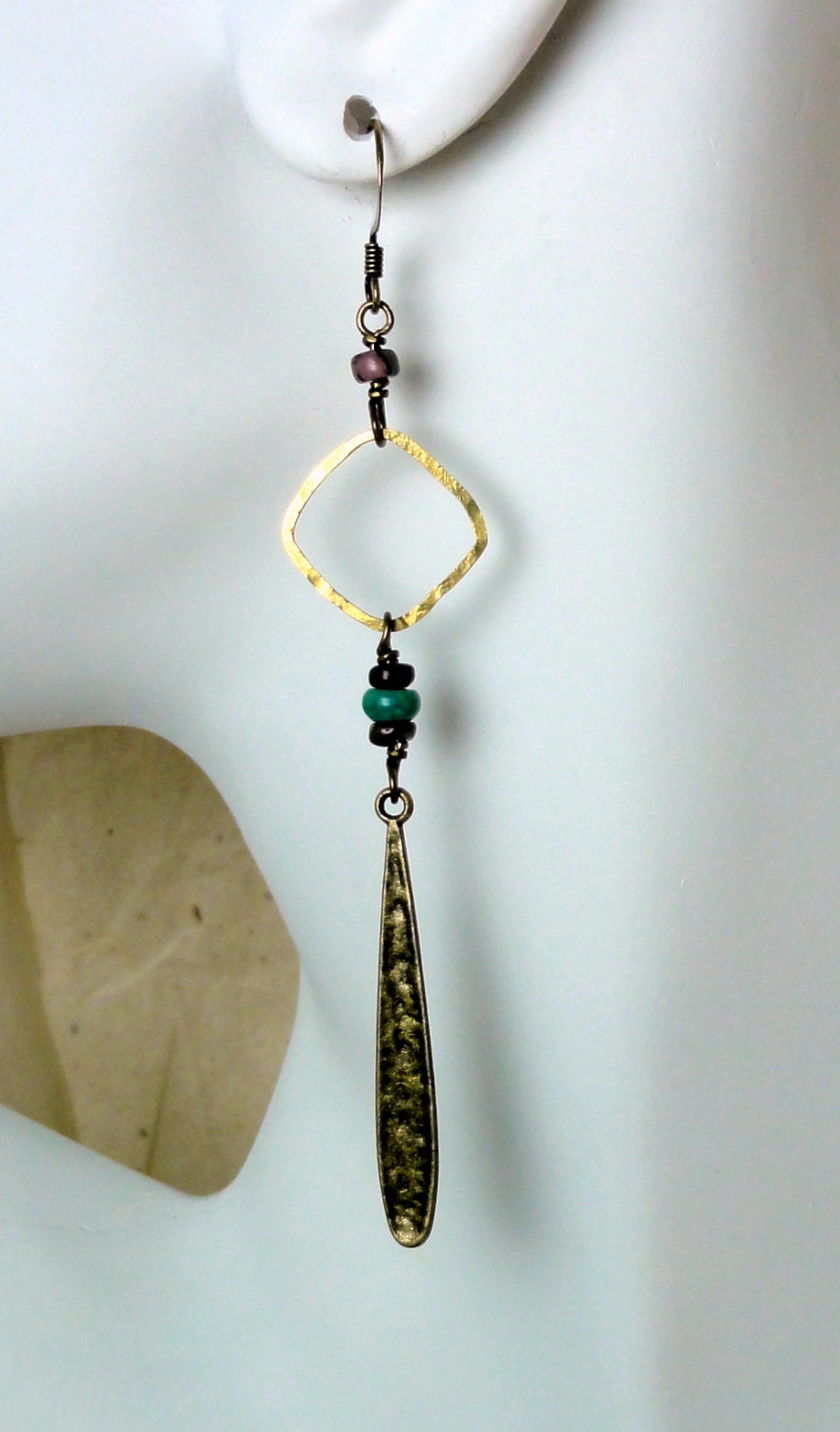 Long Brass Drop Earrings - Gemstone Accented Brass Earrings - Etsy