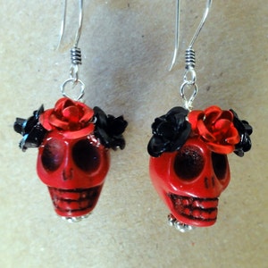 Dia De Los Muertos Earrings - Red Skull W/ Black & Red Flowers - Etsy
