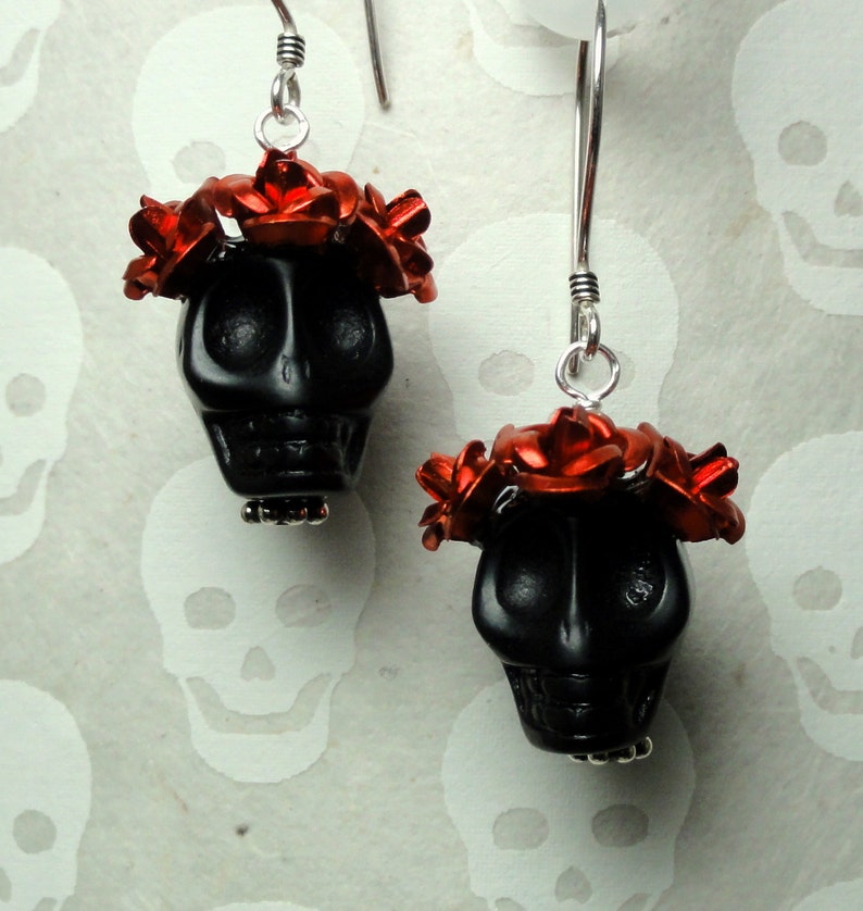 Dia De Los Muertos Earrings Black Skull W/ Red Flowers - Etsy