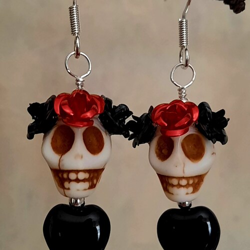 Dia De Los Muertos Earrings Turquoise Skull W/ Red Flowers & - Etsy