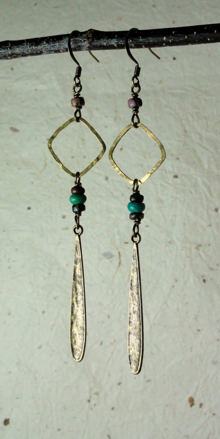 Long Brass Drop Earrings - Gemstone Accented Brass Earrings - Etsy