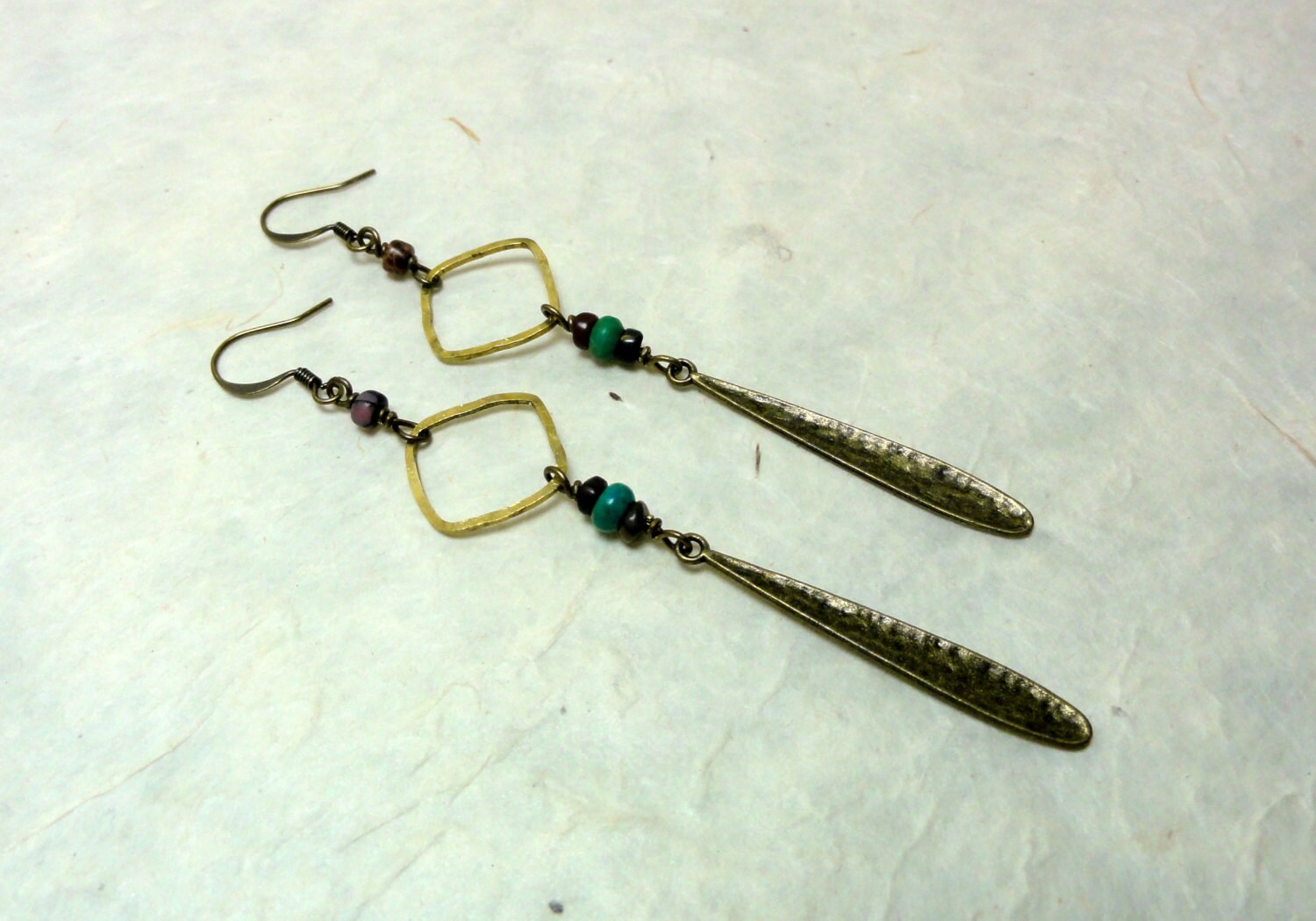 Long Brass Drop Earrings - Gemstone Accented Brass Earrings - Etsy