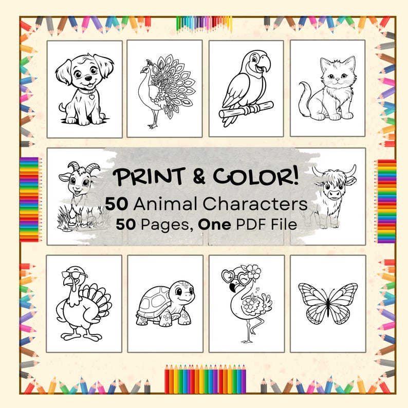 50 Animal Coloring Pages for Kids, Printable PDF, Instant Download - Etsy