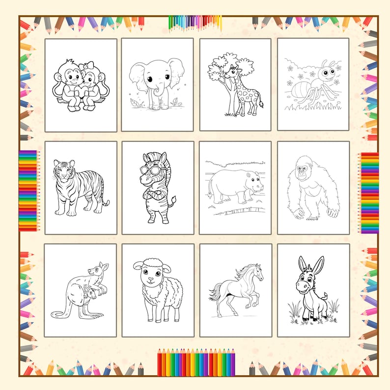50 Animal Coloring Pages for Kids, Printable PDF, Instant Download - Etsy