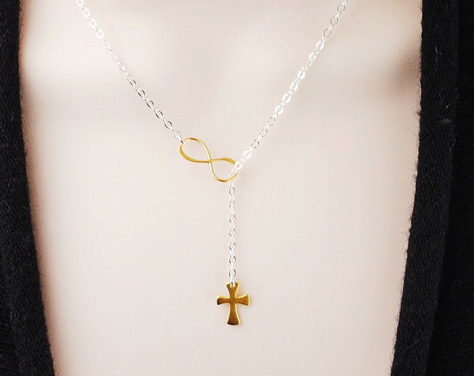 Infinity Cross Lariat Necklace Two Tone Gold and Silver Religious ...