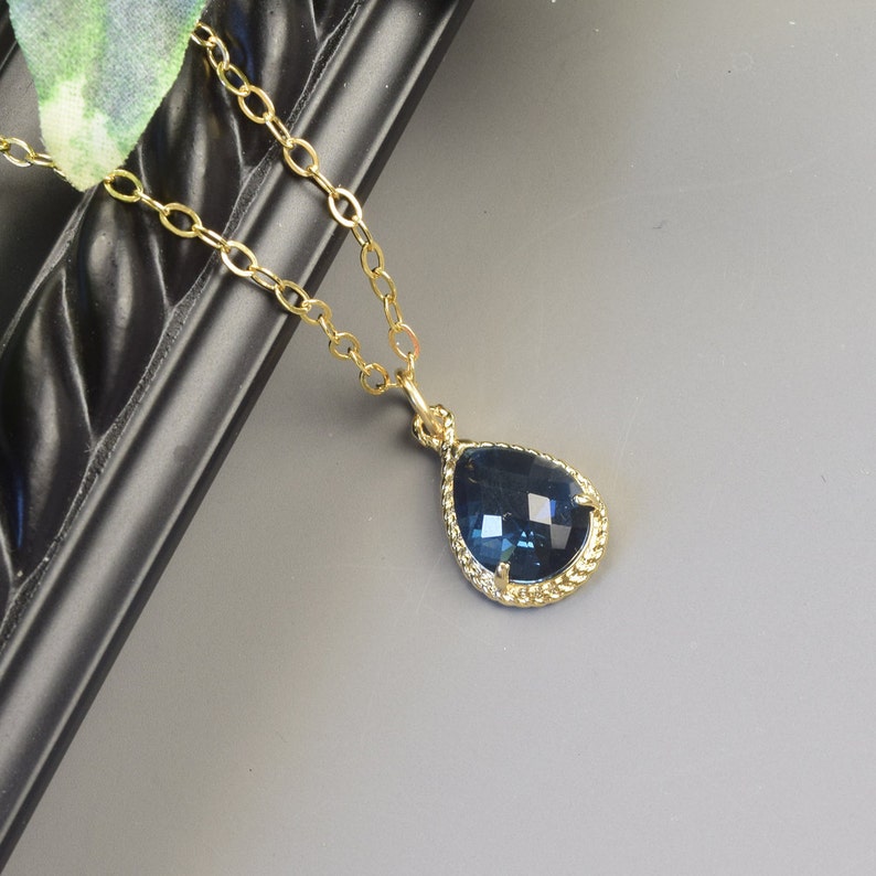 Navy Blue Necklace - Gold Sapphire Pendant Necklace - Teardrop Necklace ...