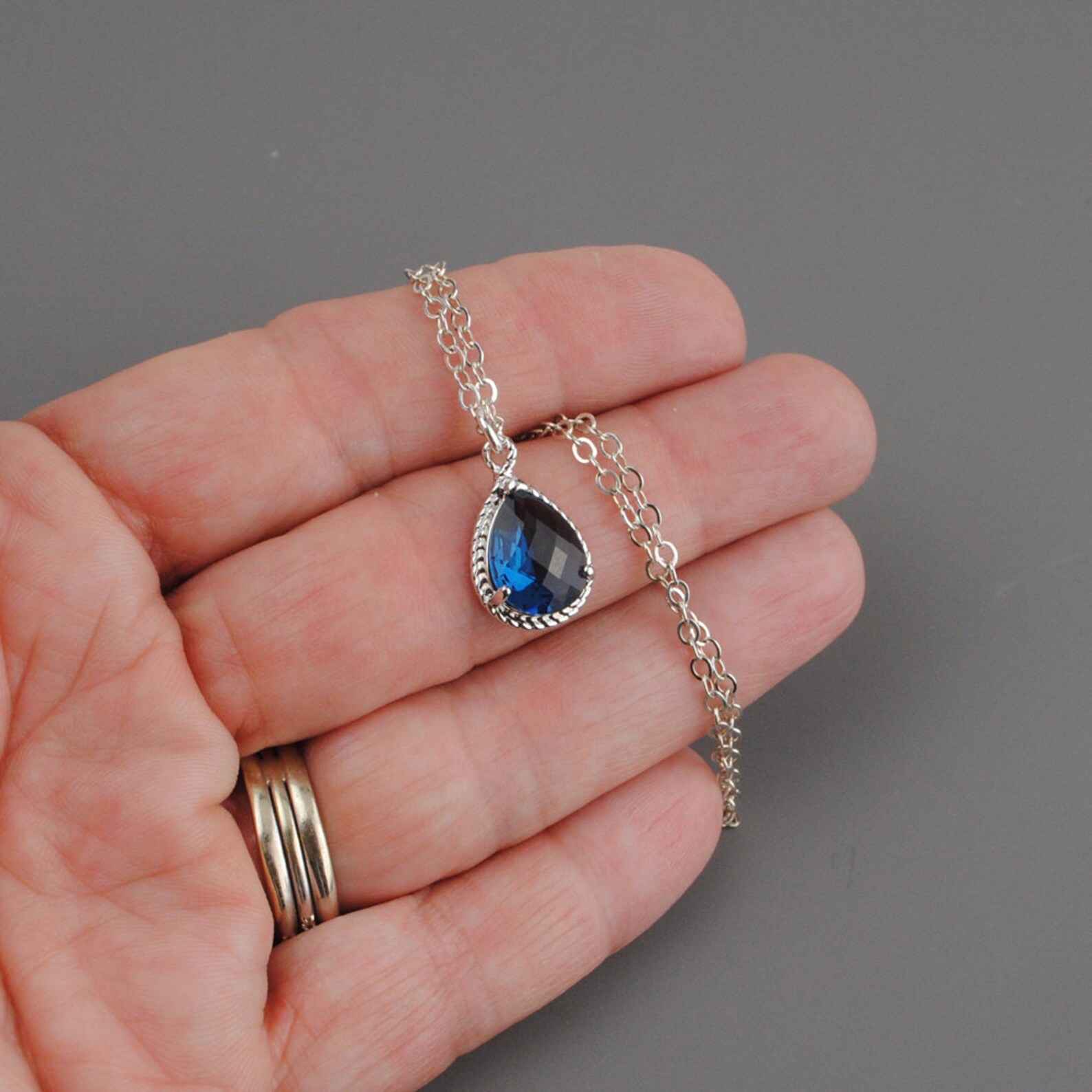 Navy Blue Necklace Silver Crystal Pendant Necklace Bridesmaid - Etsy