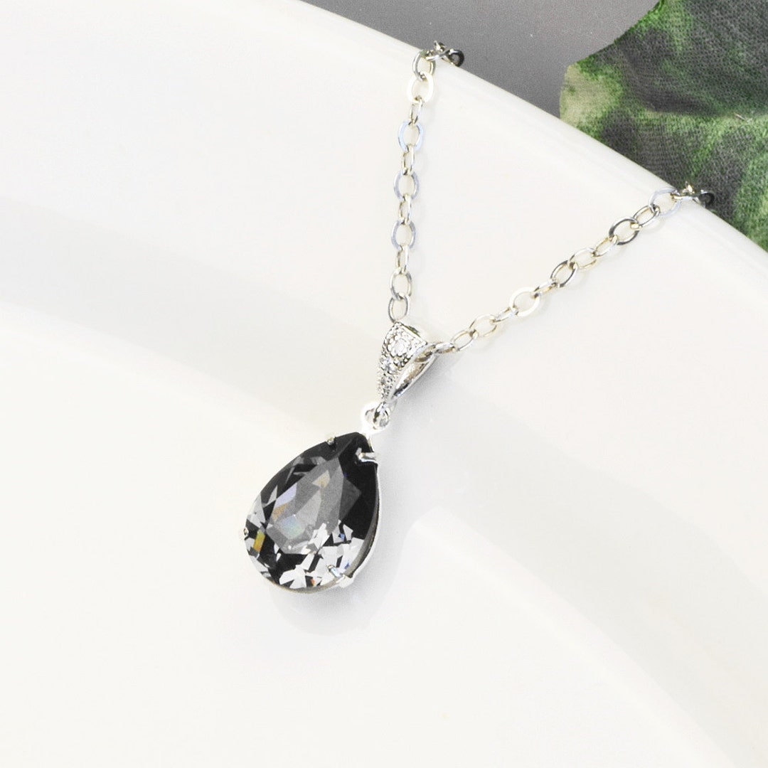 Charcoal Gray Necklace Silver Crystal Teardrop Pendant Necklace Gray ...
