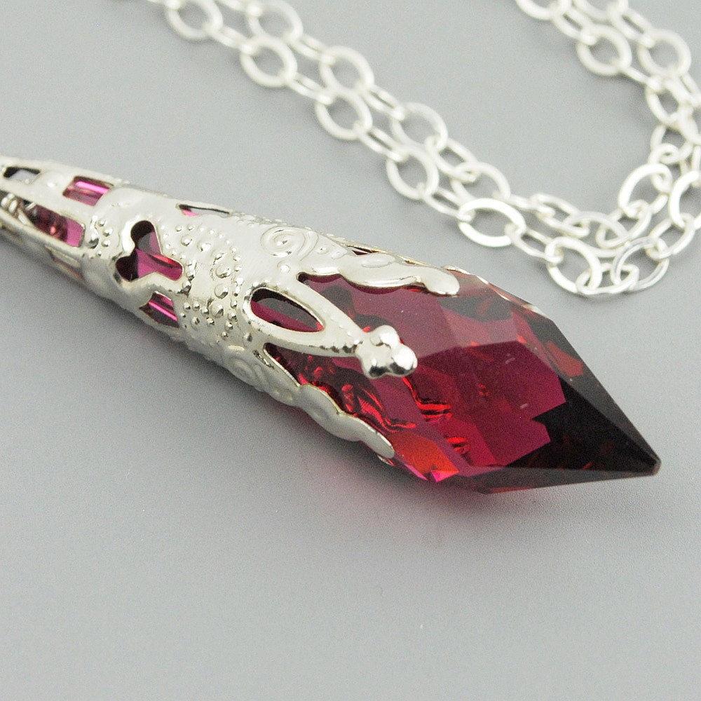 Red Statement Necklaces for Women Silver Crystal Dark Red Long ...