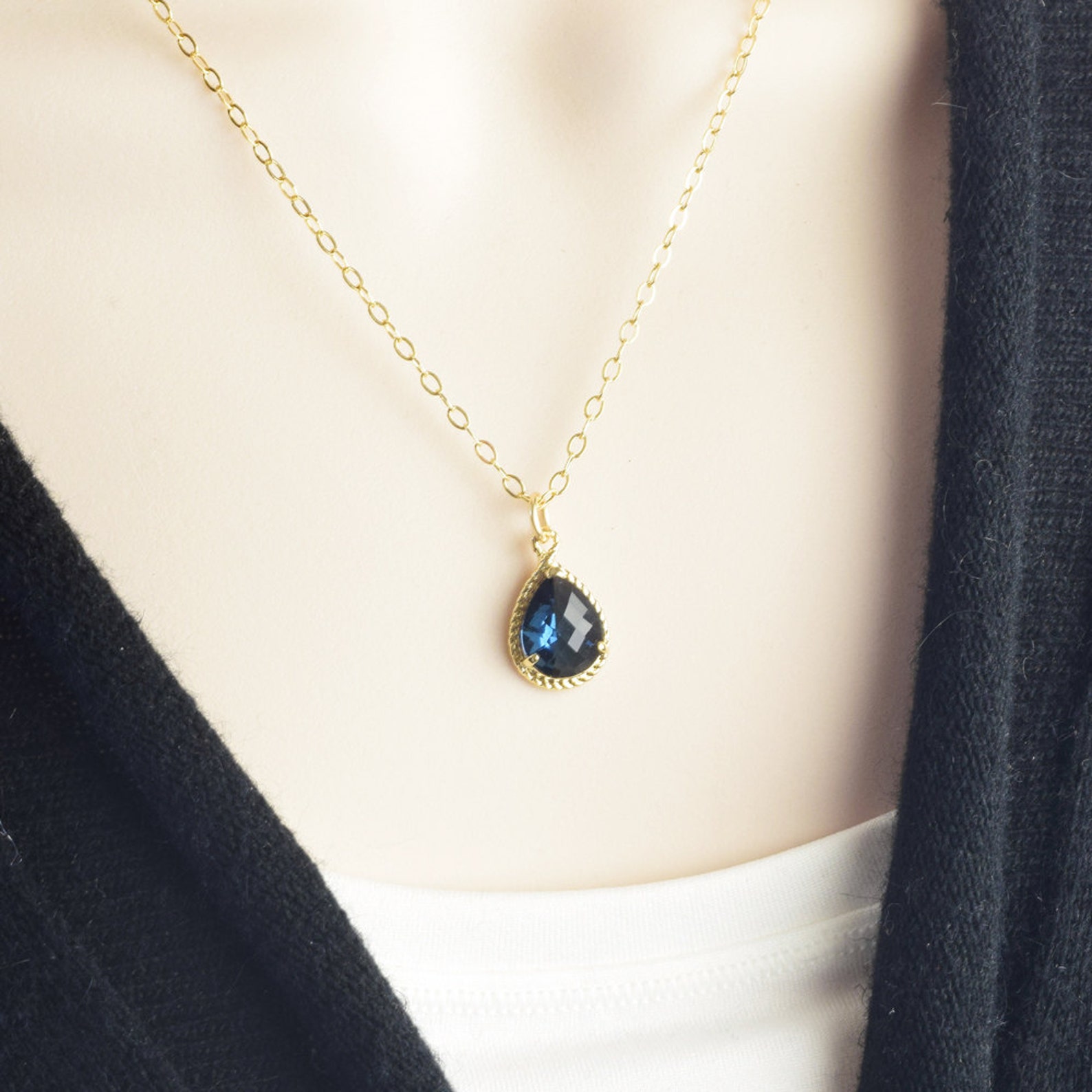 Navy Blue Necklace - Gold Sapphire Pendant Necklace - Teardrop Necklace ...