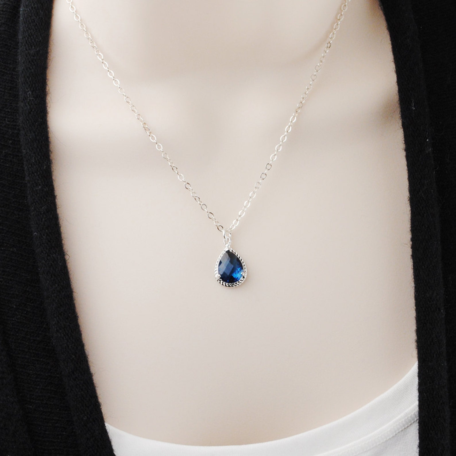 Navy Blue Necklace Silver Crystal Pendant Necklace Bridesmaid - Etsy