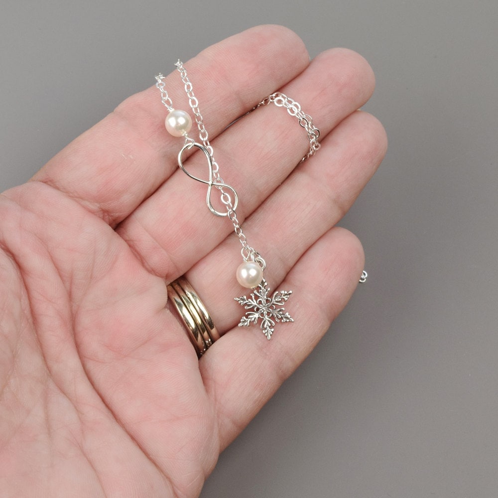 Snowflake Pearl Necklace Sterling Silver Winter Wedding Bridesmaid ...