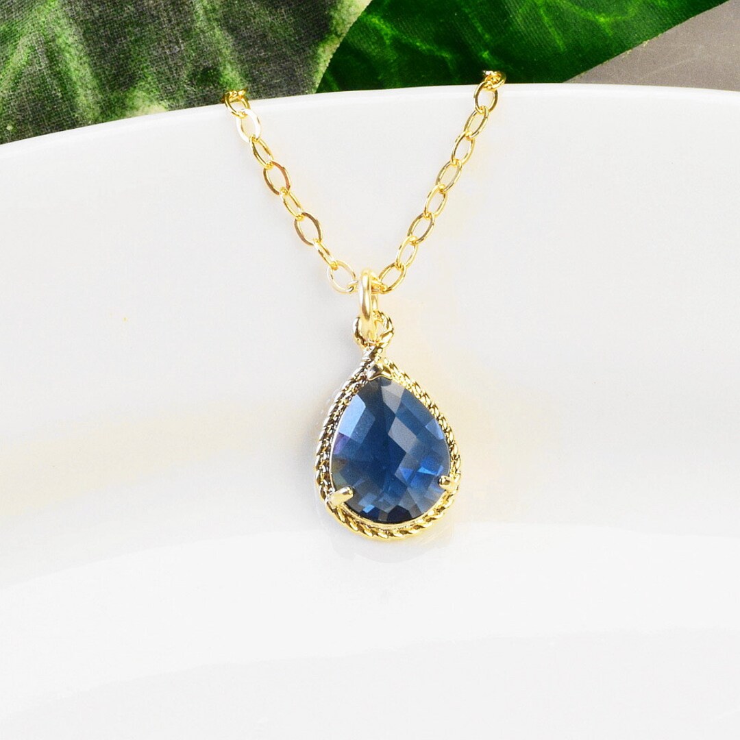 Navy Blue Necklace - Gold Sapphire Pendant Necklace - Teardrop Necklace ...